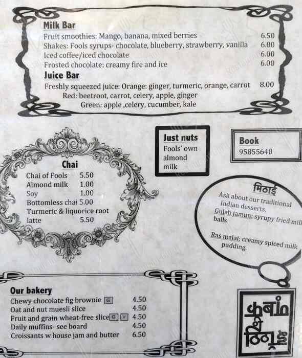 Menu at Chain of Fools restaurant, Mentone