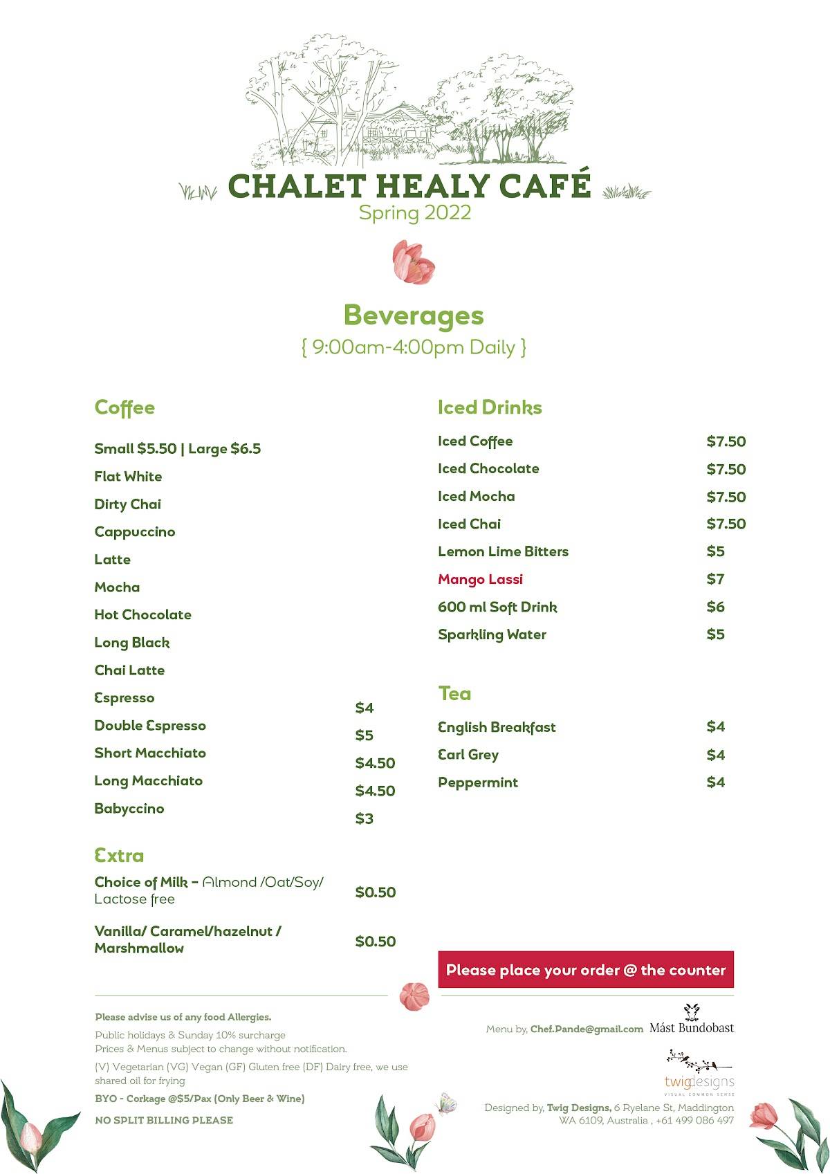 Menu at Chalet Healy Cafe, Roleystone