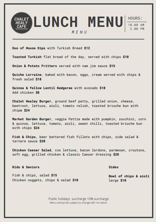 Menu at Chalet Healy Cafe, Roleystone