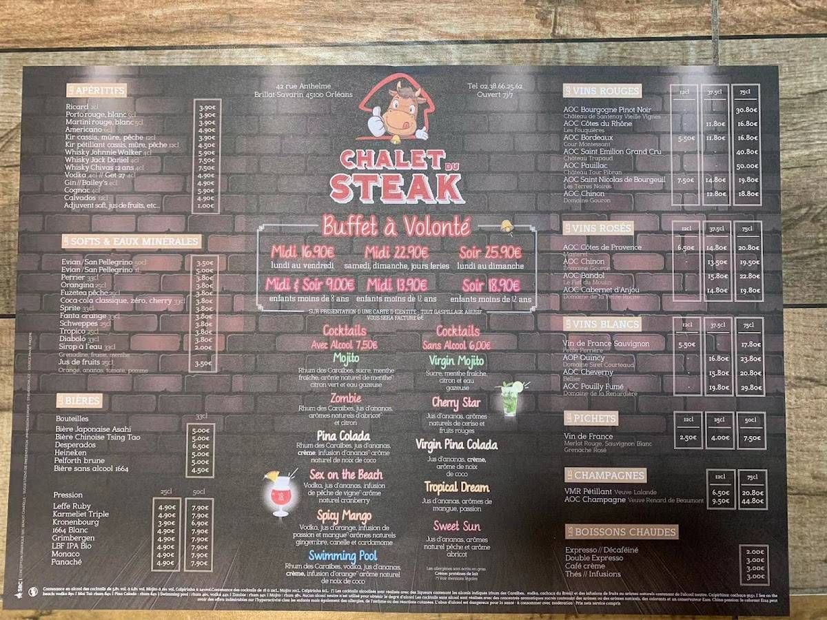 Menu au Chalet du steak restaurant, Orléans
