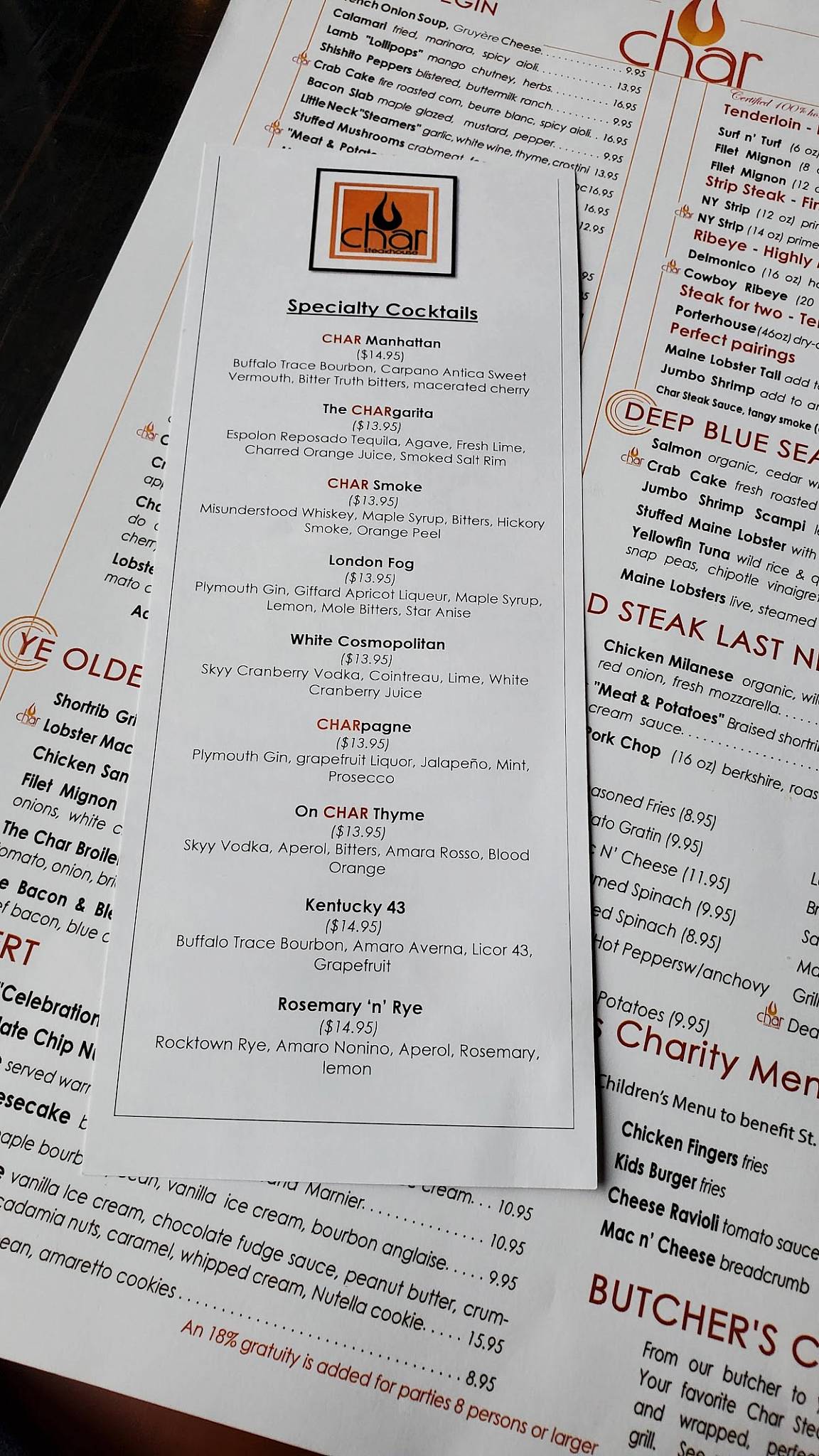 Menu at Char Steakhouse, Raritan