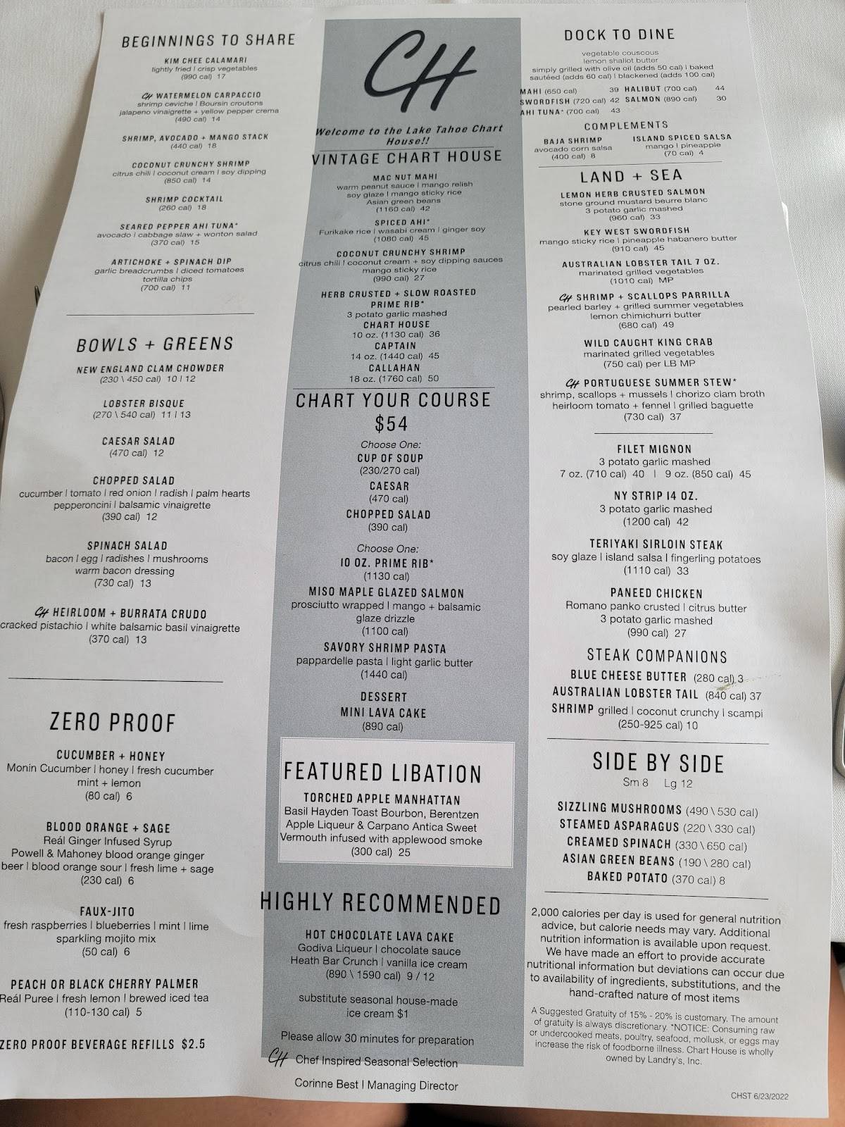 Menu at Chart House steakhouse, Stateline