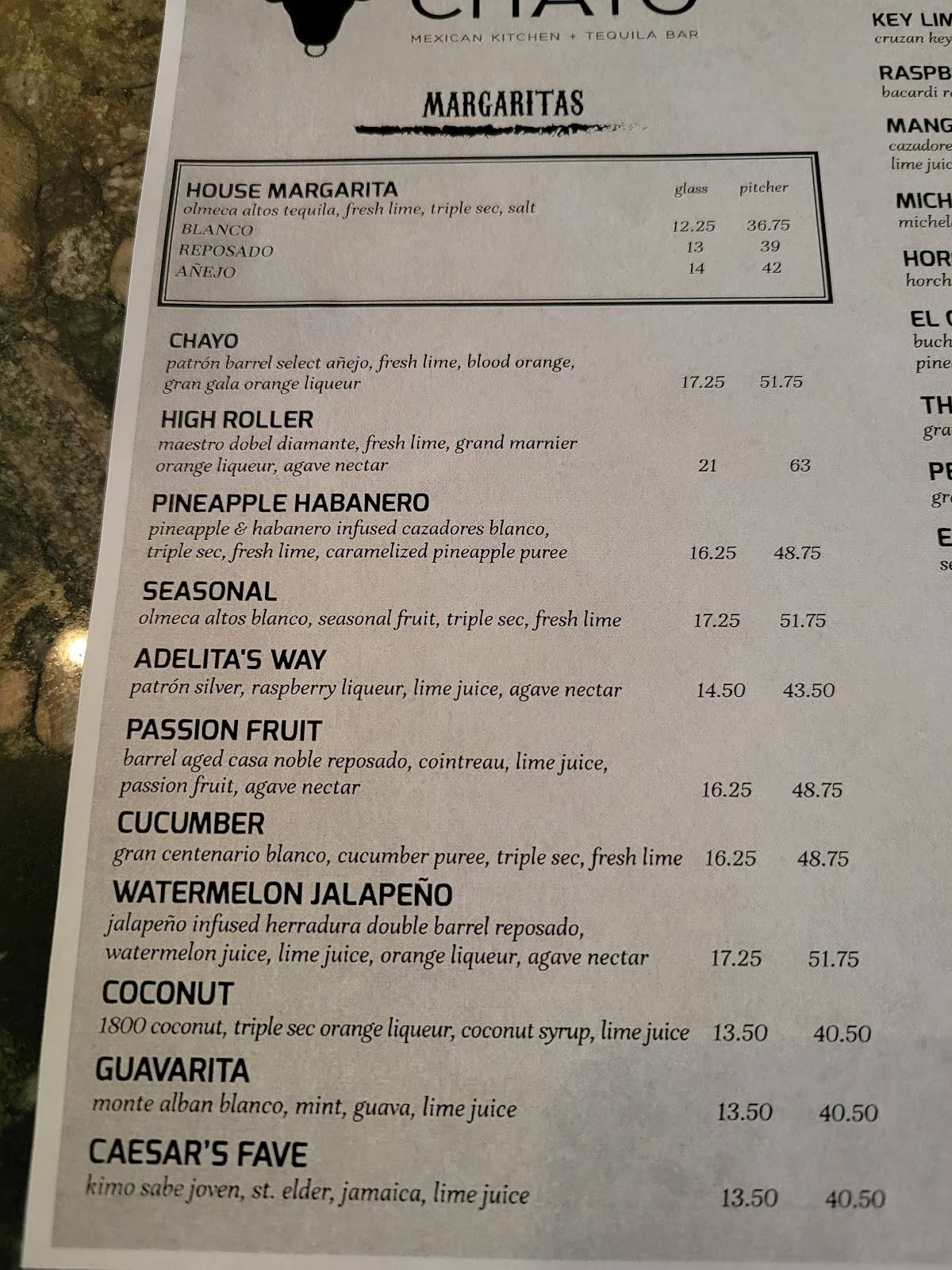 Menu at Chayo Mexican Kitchen + Tequila Bar, Las Vegas
