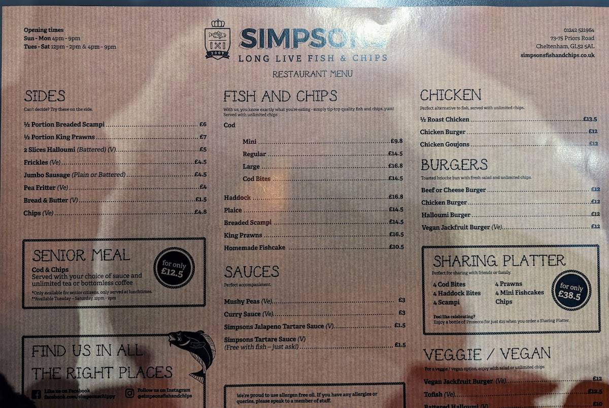 Menu at Simpsons Fish and Chips fast food, Cheltenham