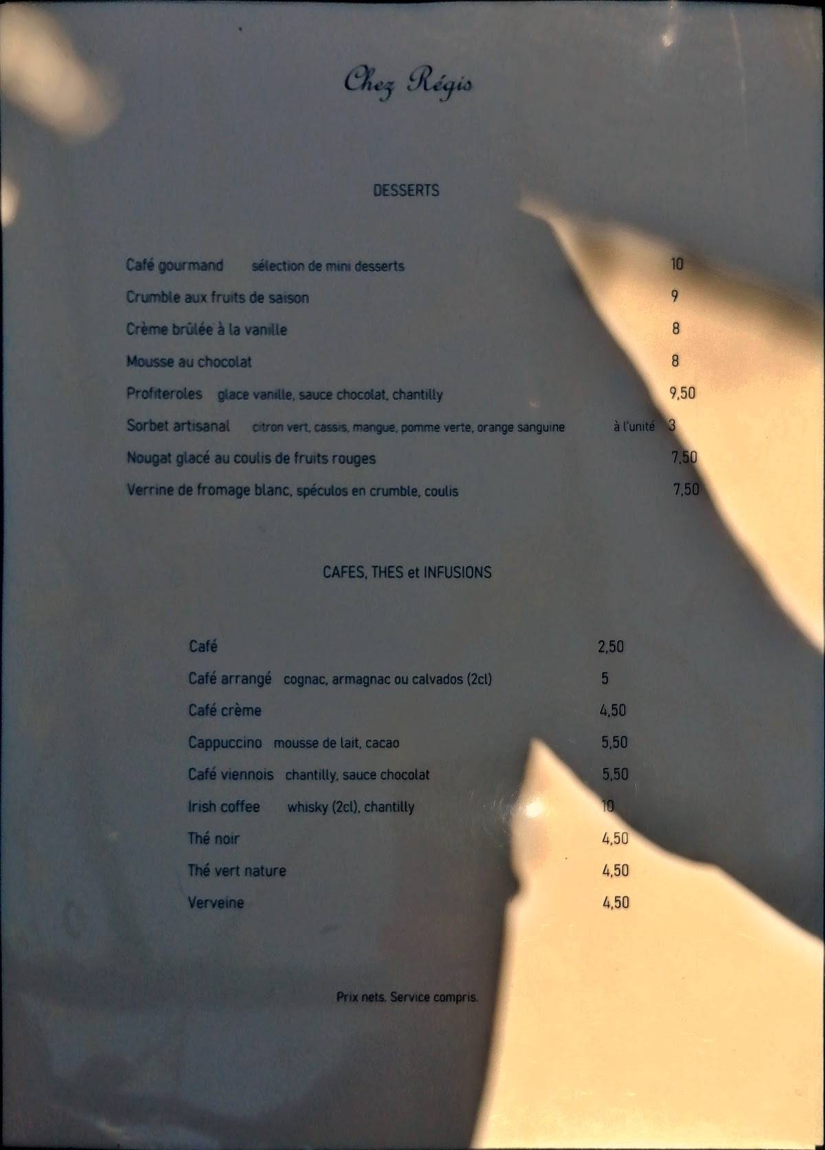 Menu au Chez Régis restaurant, Le Lavandou, 12 Boulevard de la Baleine