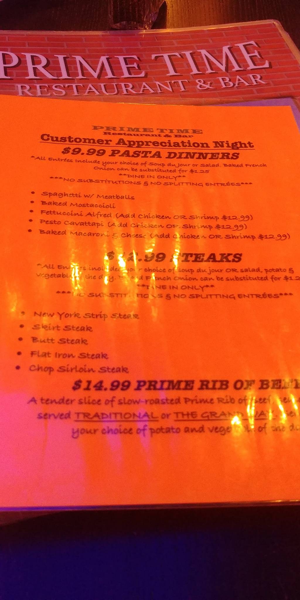 Menu at Prime Time Restaurant, Hickory Hills