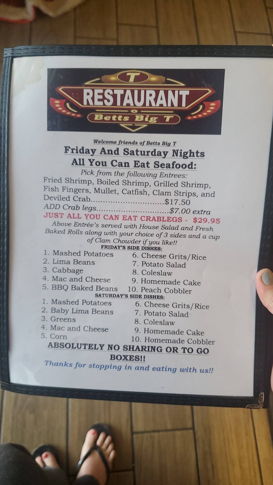 Menu at Bett's Big T Restaurant, Chiefland