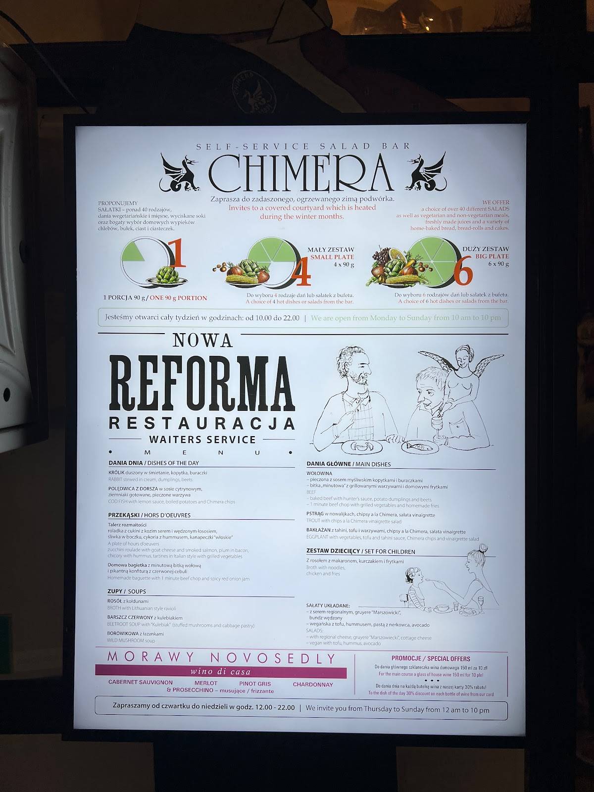 Menu at Chimera cafeteria, Kraków