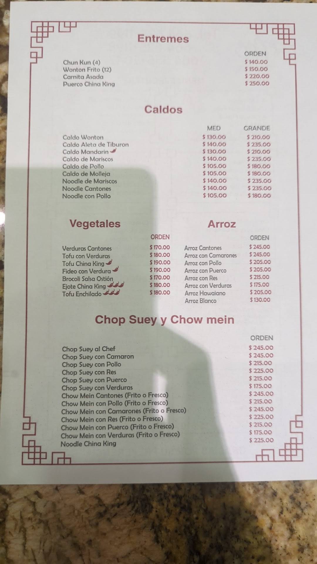 Carta del restaurante China King Buffet del Plaza China, Tijuana, Av. Cochimies 16210