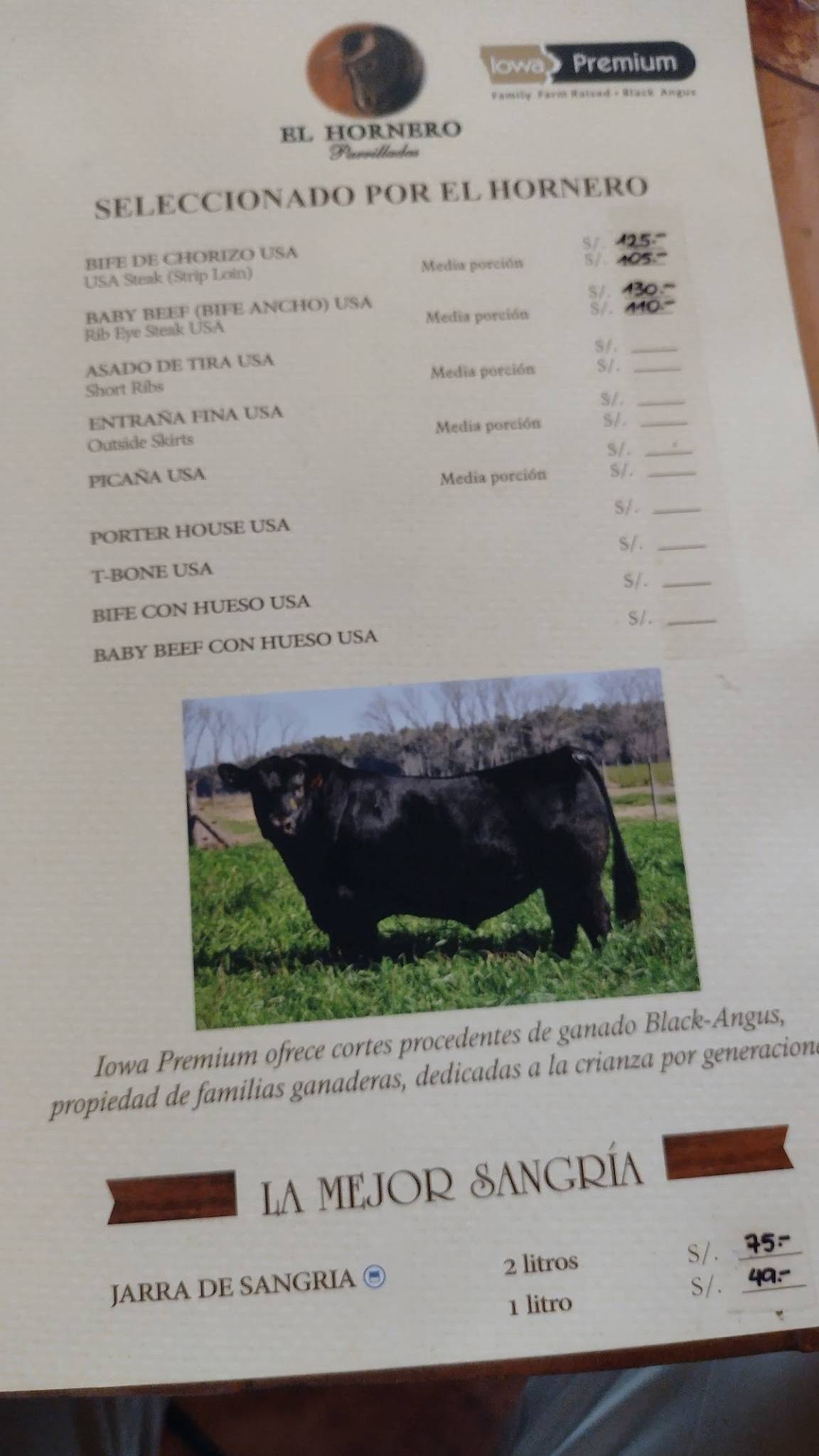 Carta del restaurante El Hornero Chorrillos, Miraflores