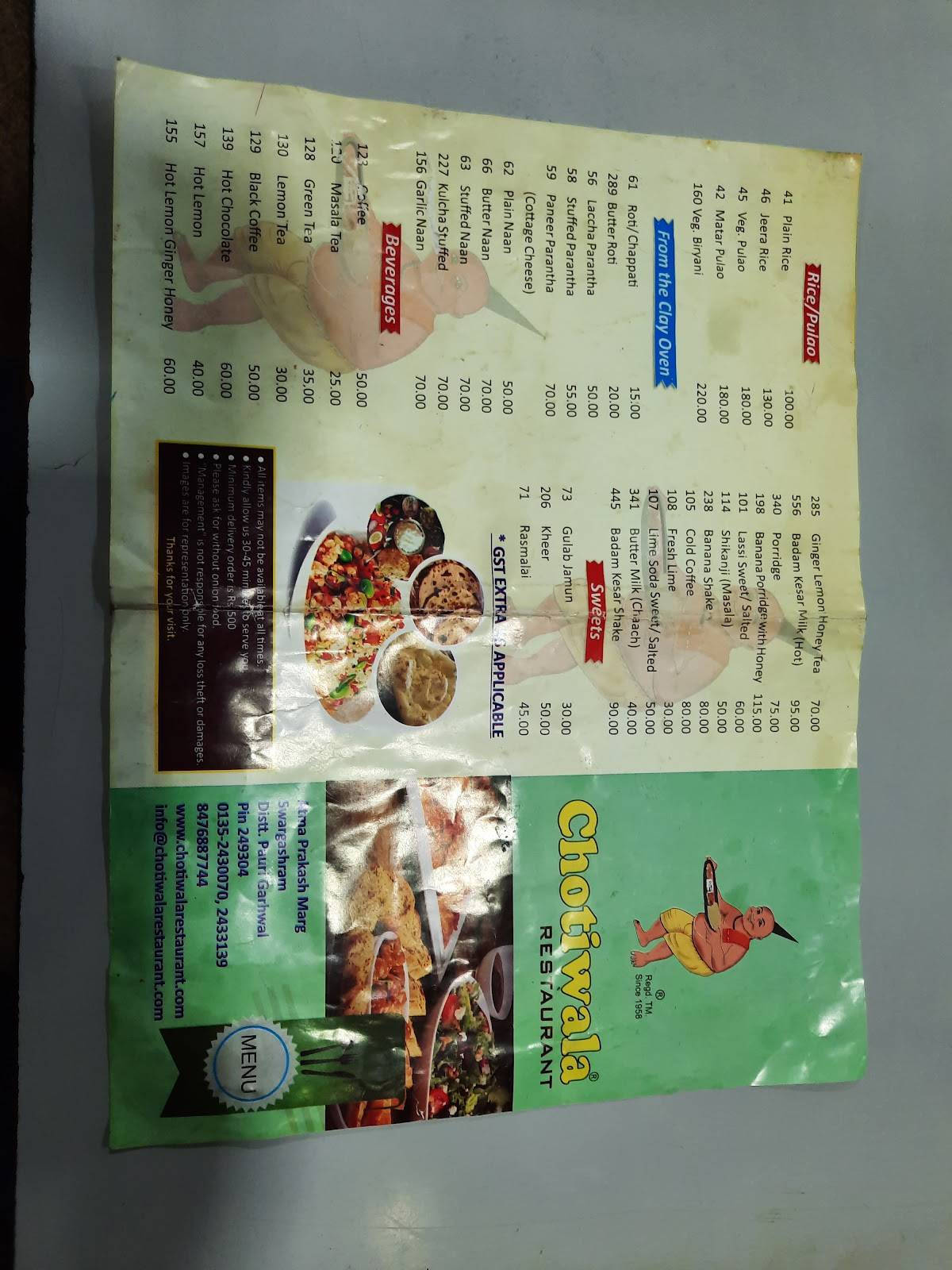 Menu at Chotiwala, Rishikesh, Swarg Ashram