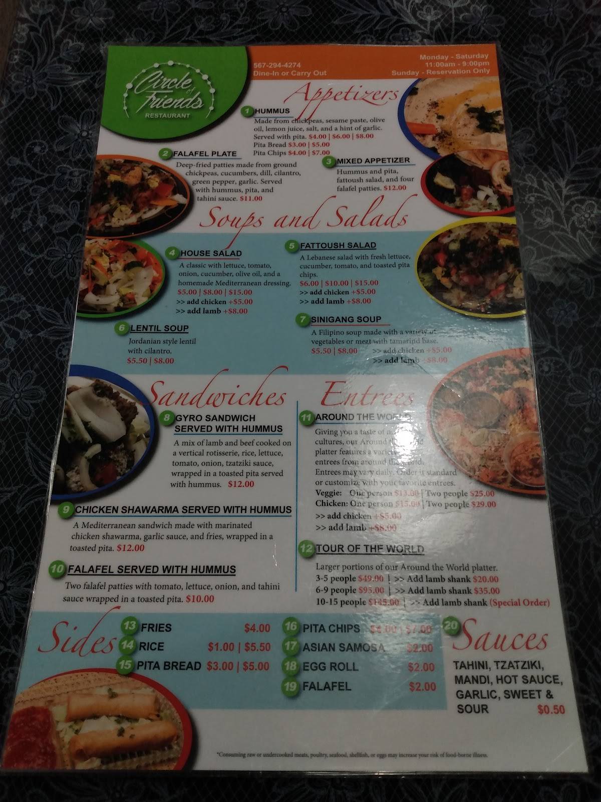 Menu at Circle of Friends Restaurant, Findlay, 125 W Sandusky St