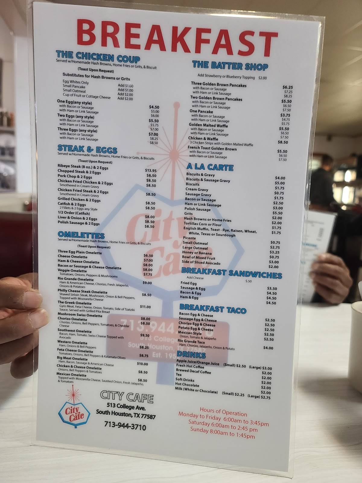 Menu at City Cafe, South Houston, 513 College Ave