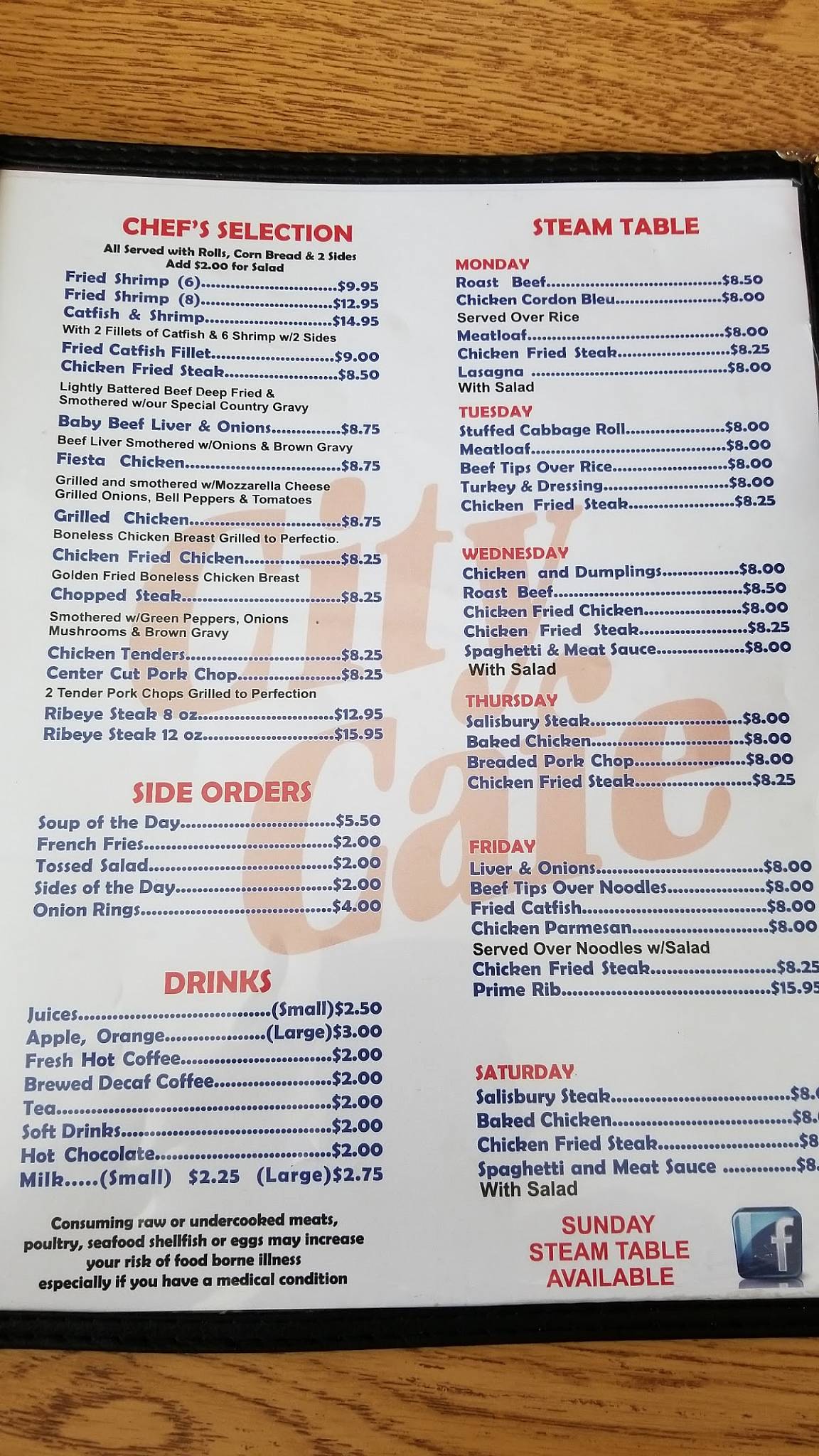 Menu at City Cafe, South Houston, 513 College Ave