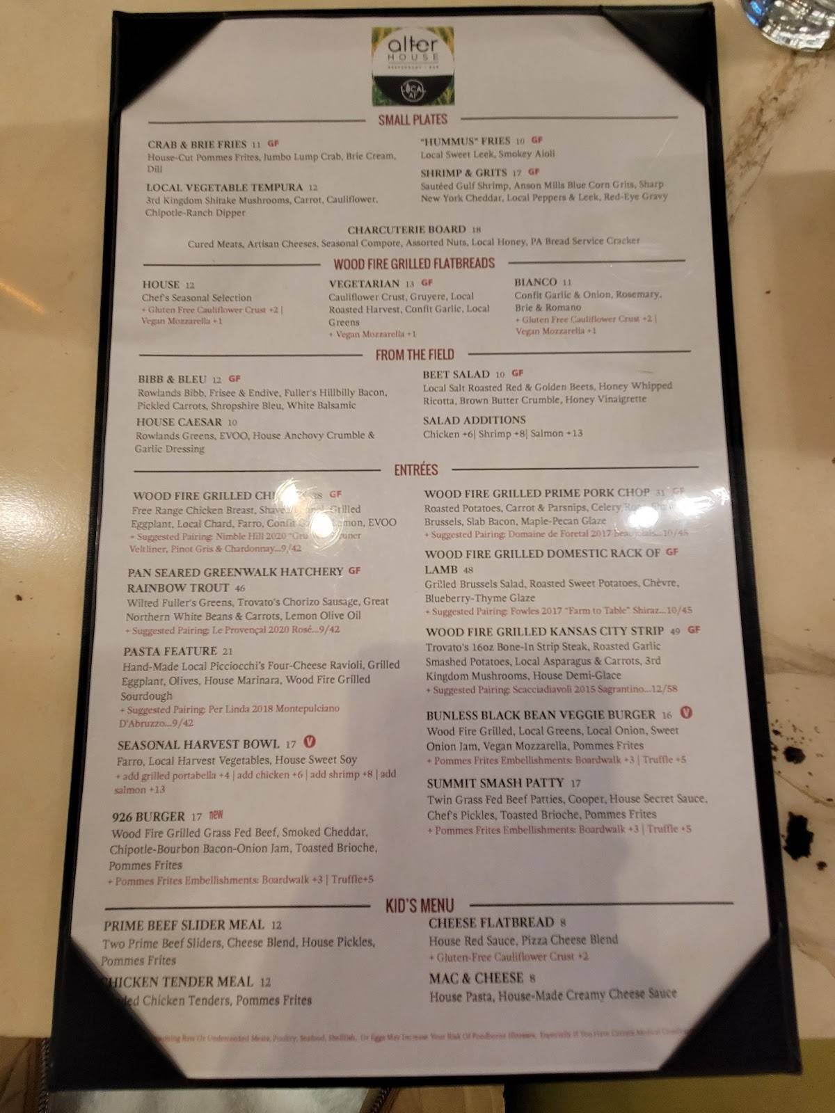 Menu at Alter House Restaurant & Bar, Clarks Summit