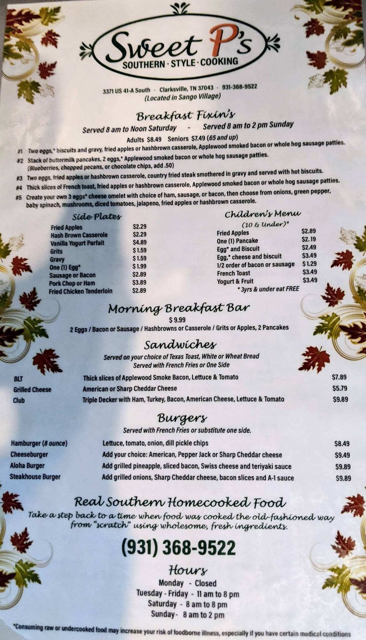 Menu at Sweet P's Southern Style restaurant, Clarksville