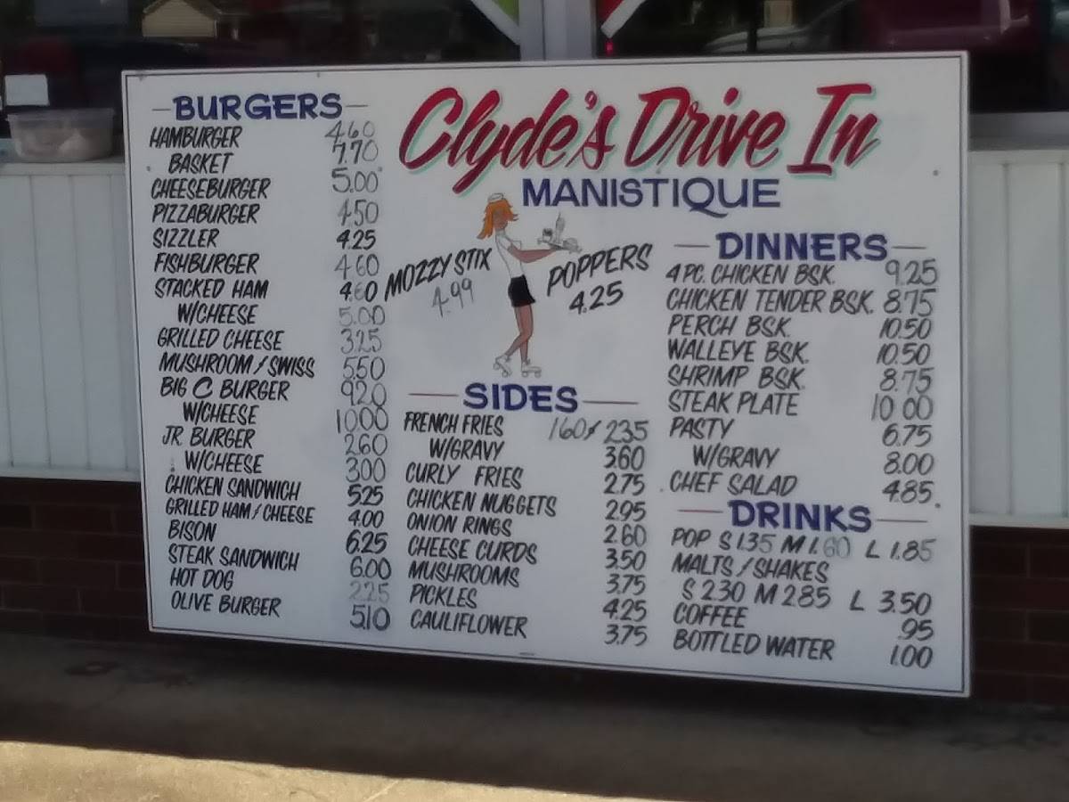 Menu at Clyde's Drive-In restaurant, Manistique