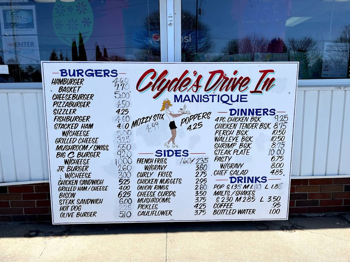 Menu at Clyde's Drive-In restaurant, Manistique