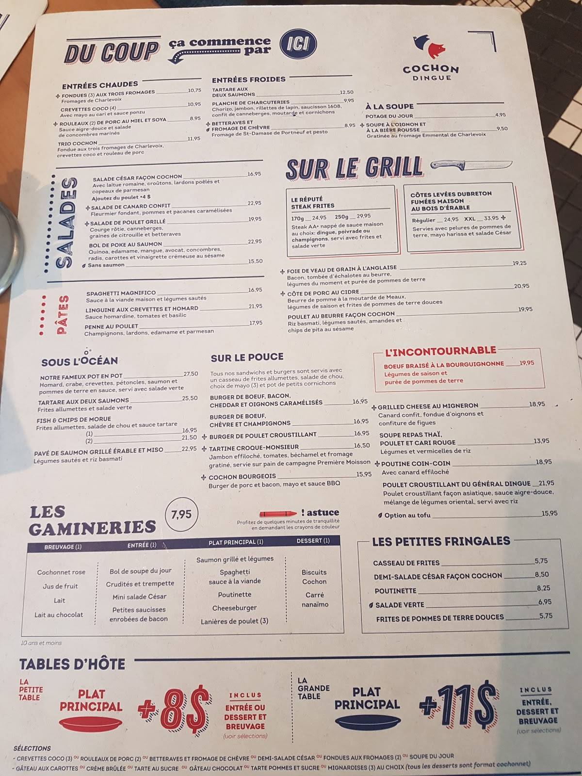 Menu au Cochon Dingue Lebourgneuf restaurant, Québec, Bd Lebourgneuf