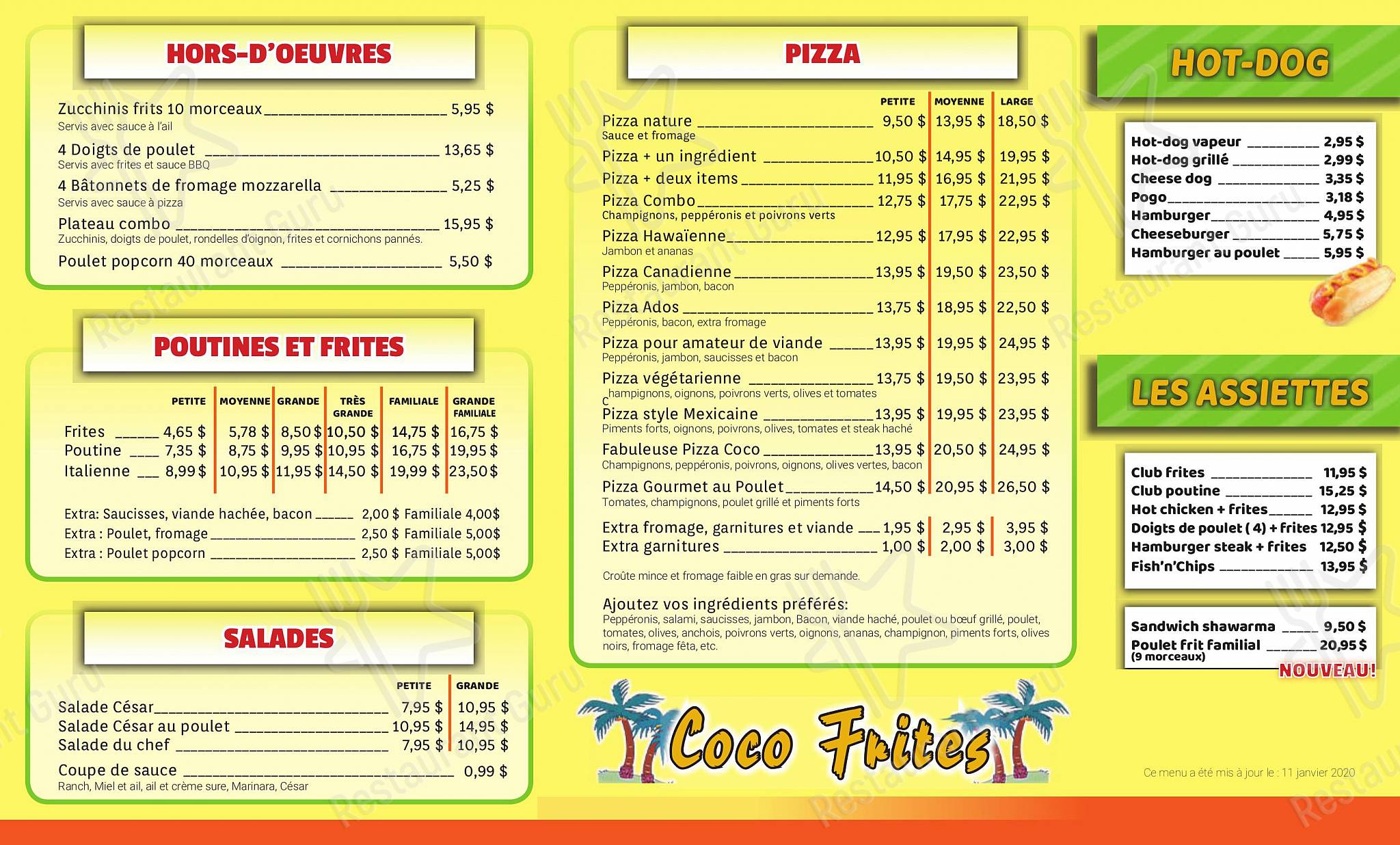 Menu au Coco Frites pub et bar, Gatineau