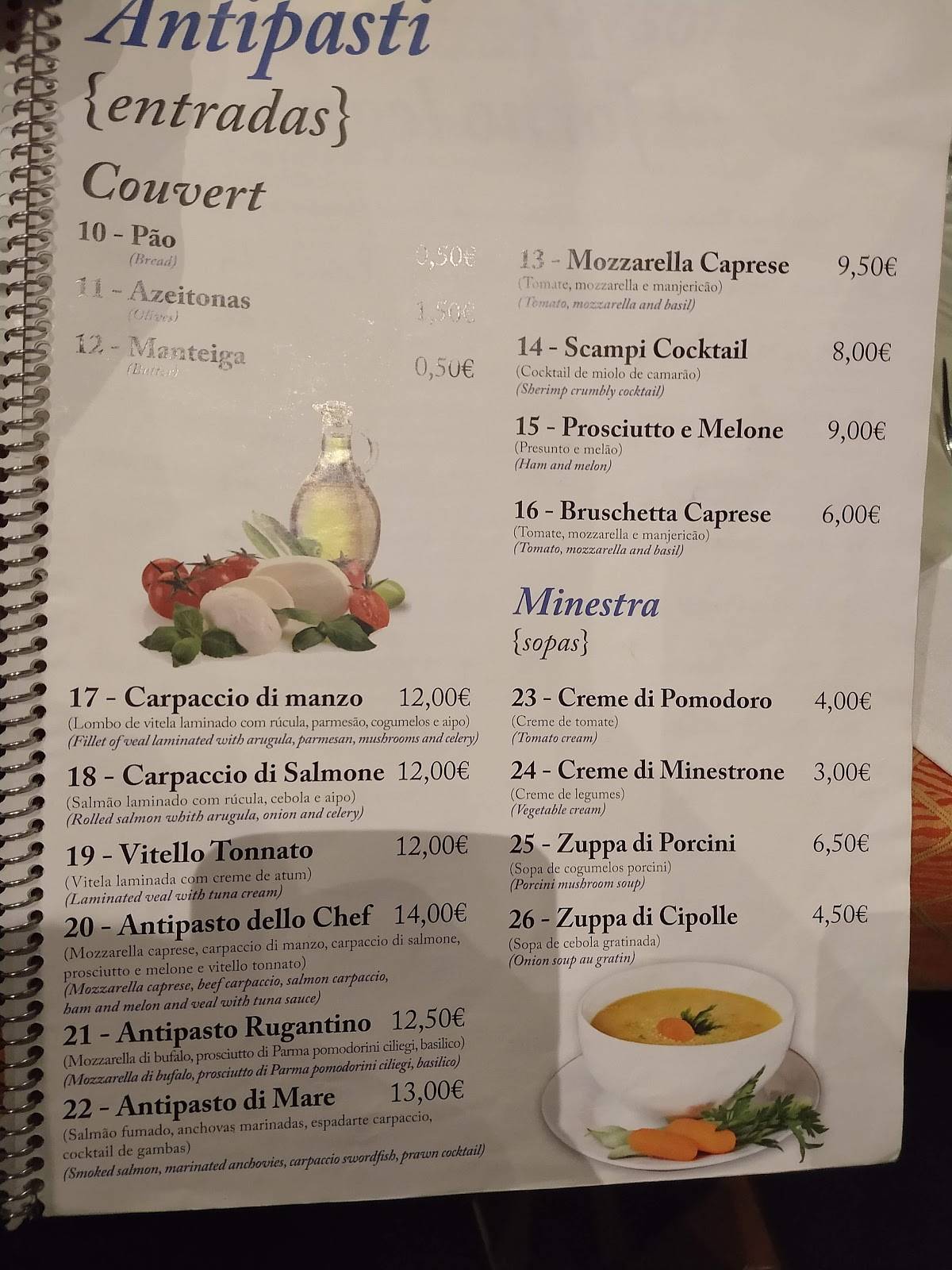 Menu em Itália pizzaria, Coimbra