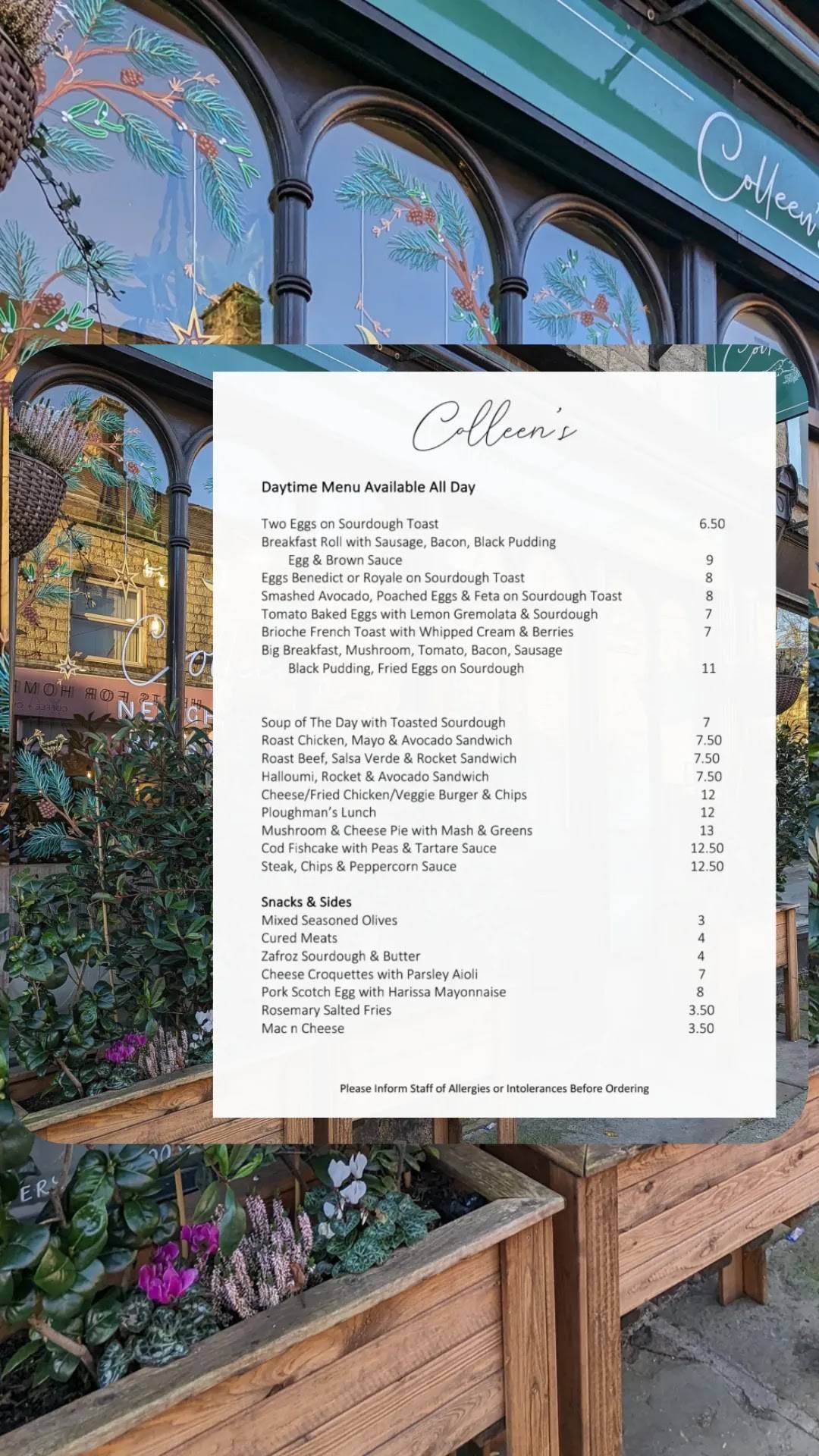 Menu at Colleen's Ramsbottom restaurant, Ramsbottom