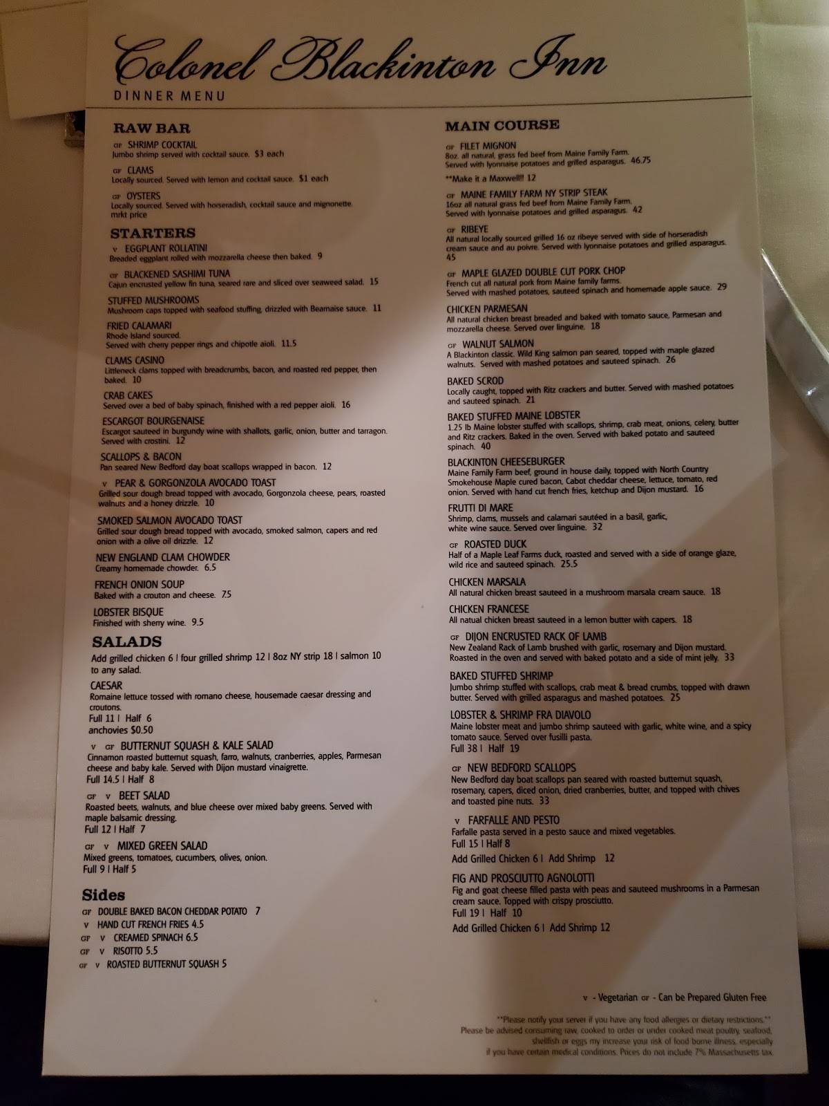 Menu at Colonel Blackinton Inn restaurant, Attleboro
