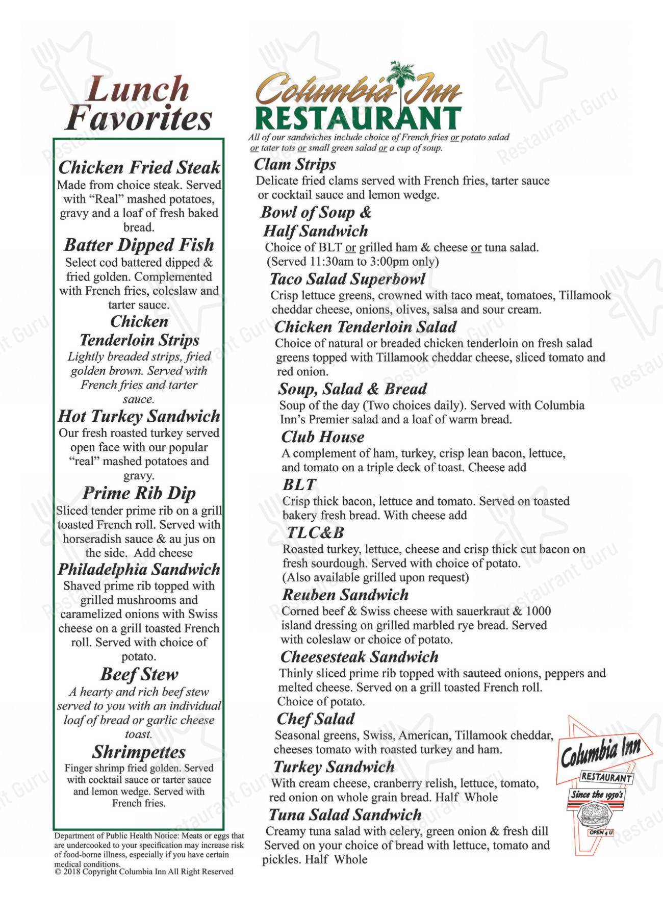 Menu at Columbia Inn Restaurant, Kalama