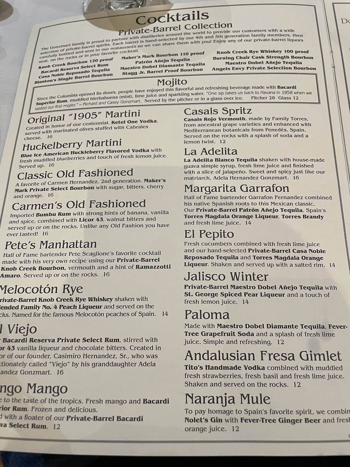 Menu at Columbia Restaurant, Tampa, E 7th Ave