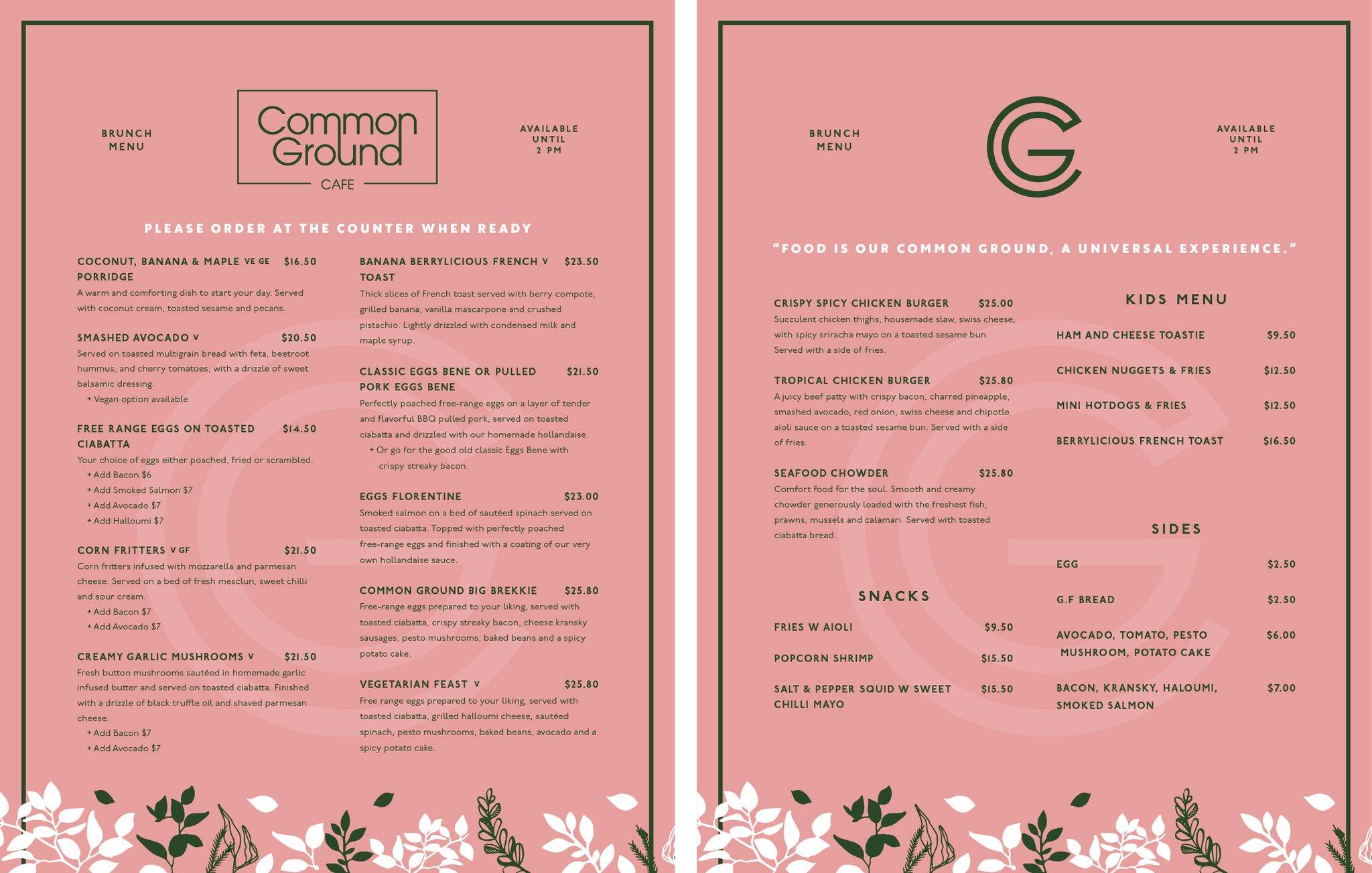Menu at Common Ground Cafe, Wellington