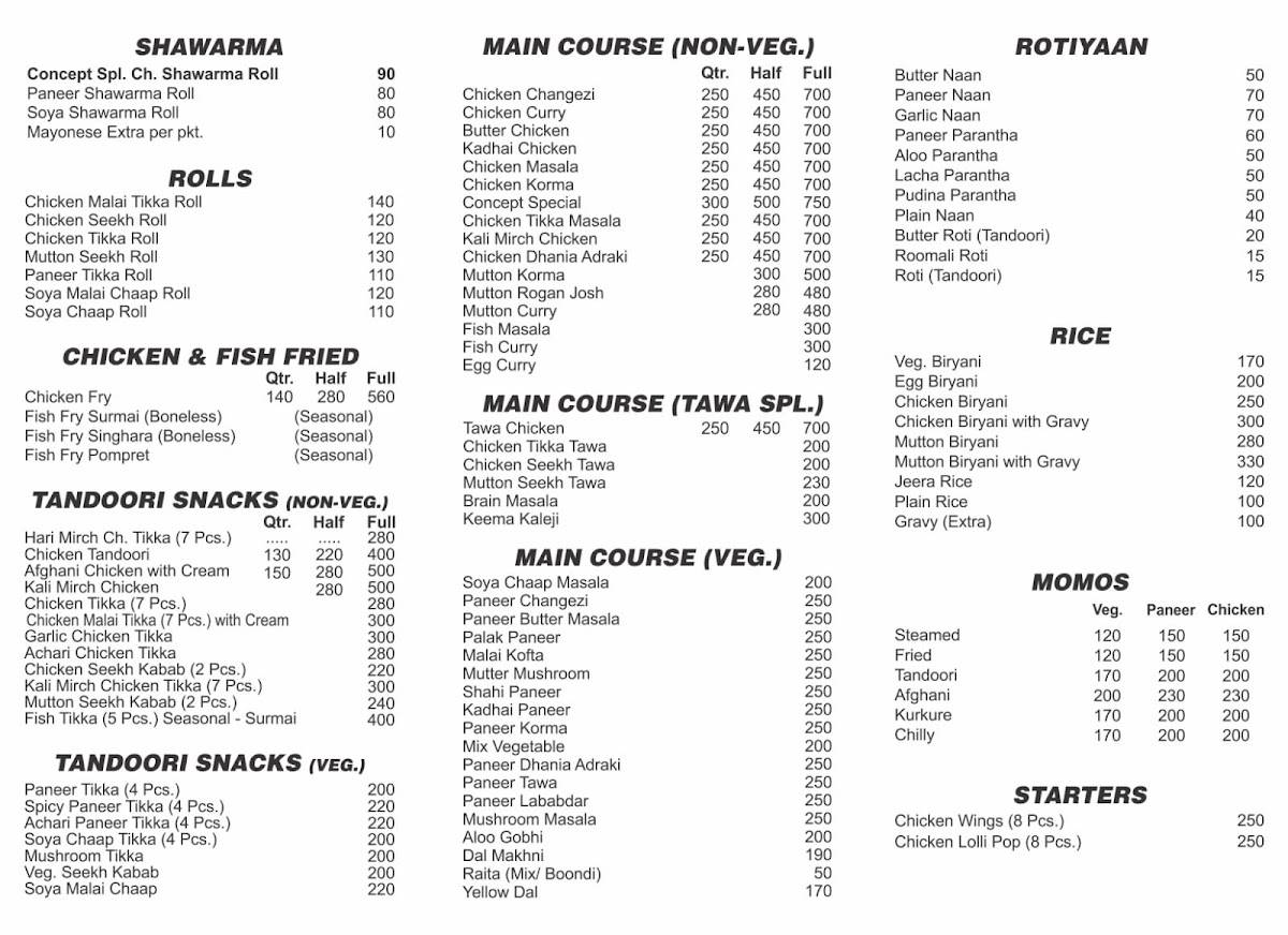 Menu at Concept Shawarma, New Delhi, 142 Defence Colony Flyover