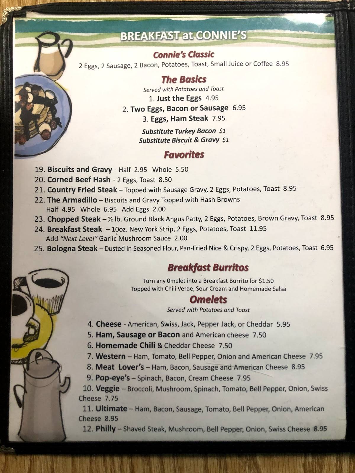 Menu at Connie's Cafe, Bull Shoals