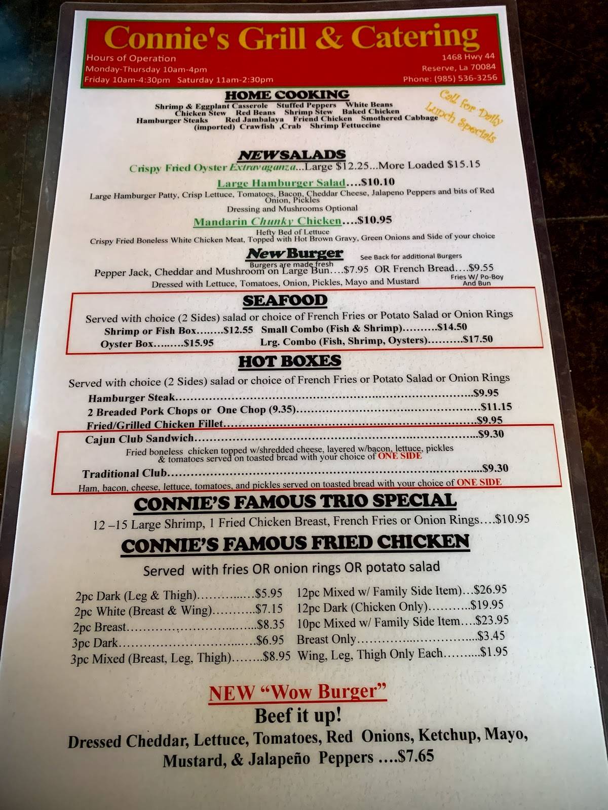 Menu at CONNIE'S GRILL & CATERING restaurant, Reserve, W Airline Hwy