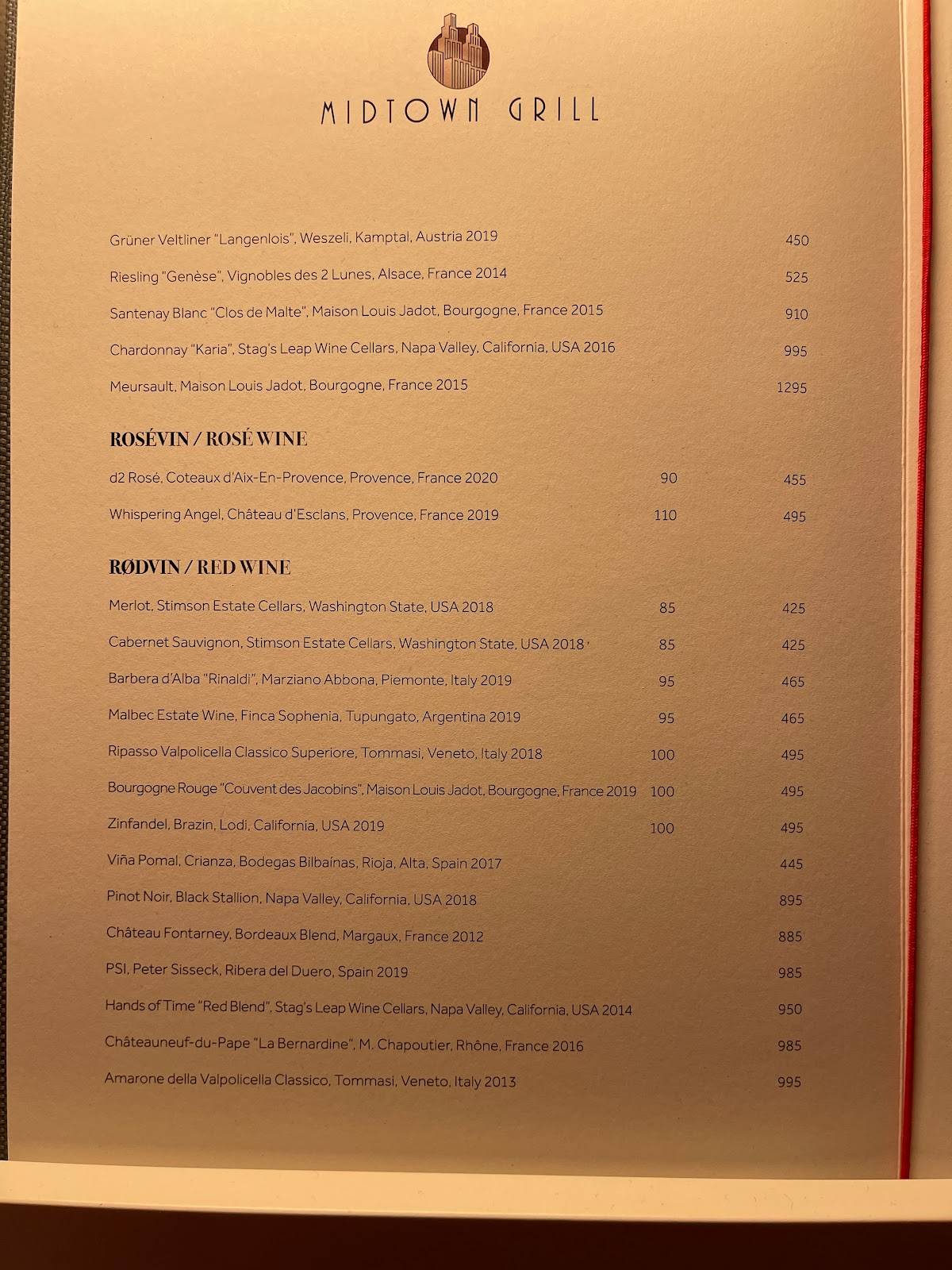 Menu at Midtown Grill restaurant, Copenhagen