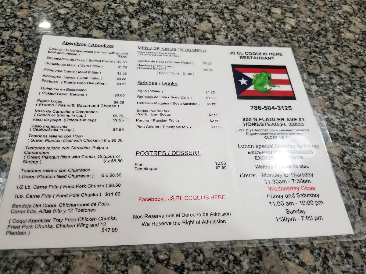 Menu at Coqui by Tayta's restaurant, Homestead