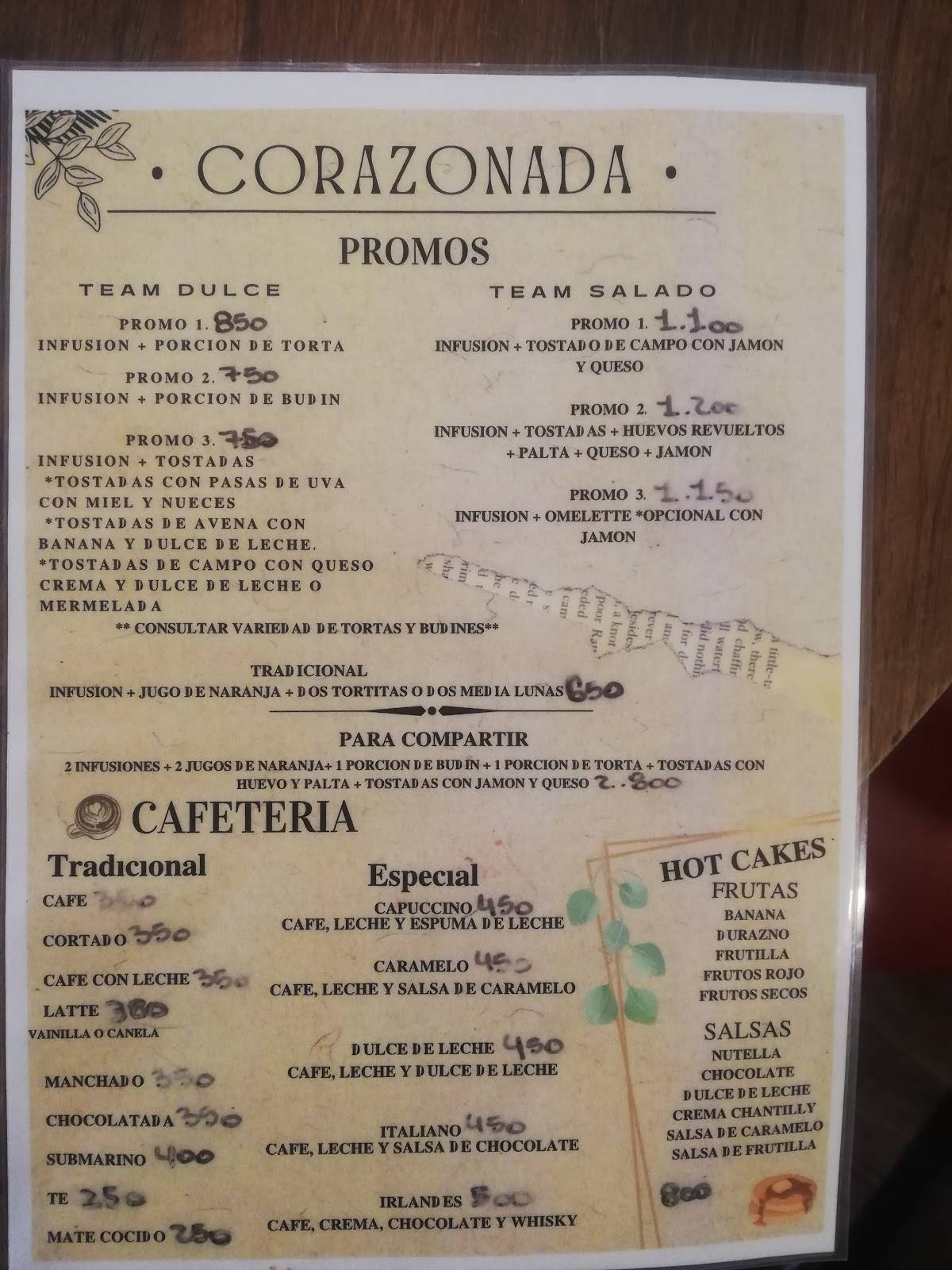 Carta de Corazonada Cafetería, El Salto