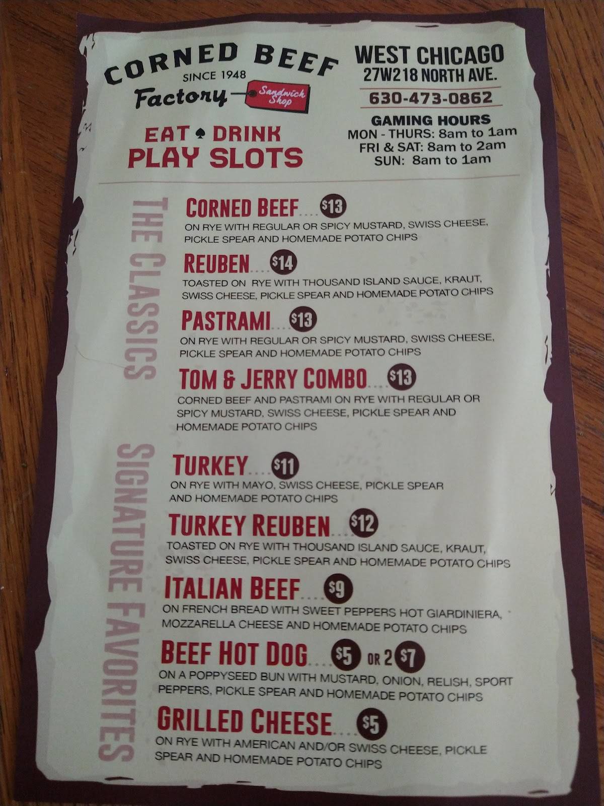 Menu at Corned Beef Factory, West Chicago