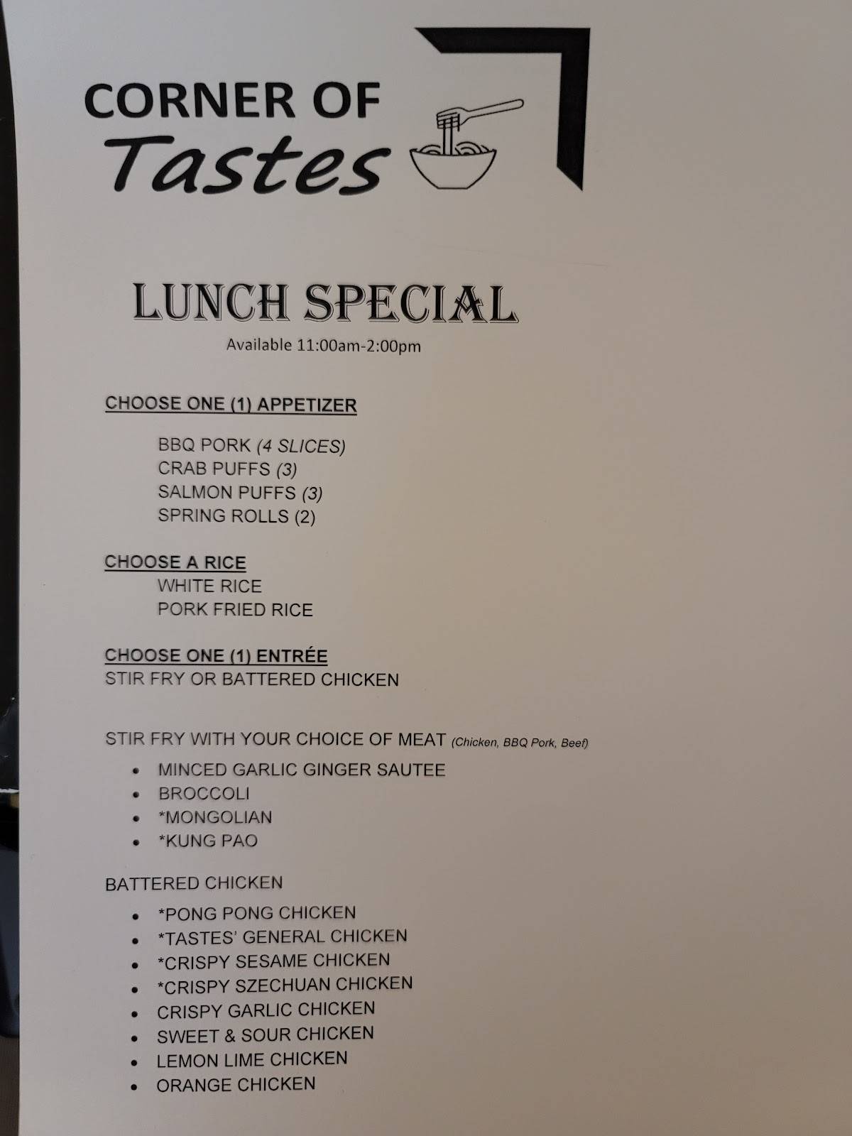 Menu at Corner of Tastes restaurant, Vancouver
