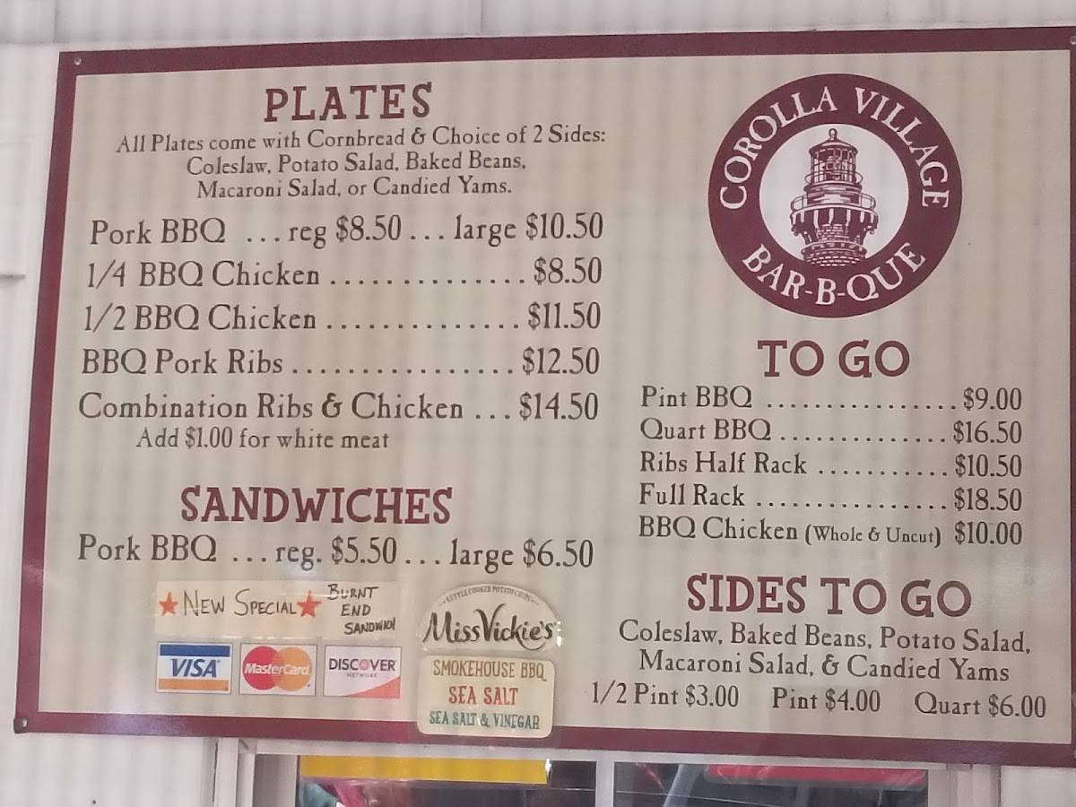 Menu at Corolla Village Barbecue, Corolla