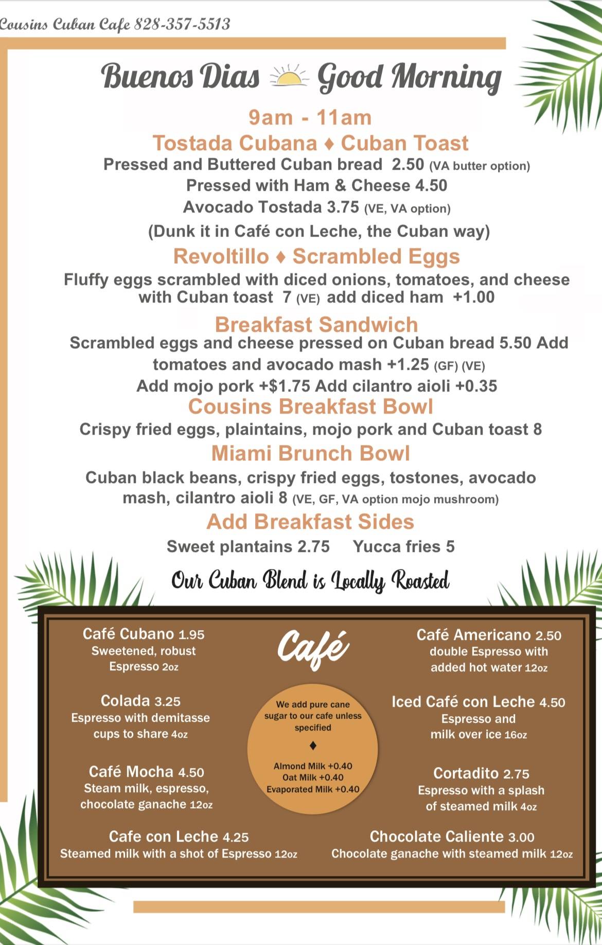 Menu at Cousins Cuban Cafe, Black Mountain