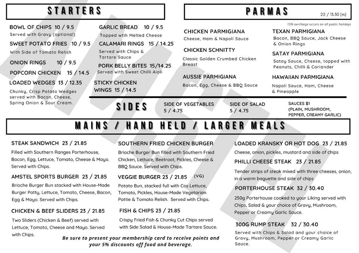 Menu at Amstel Club, Cranbourne