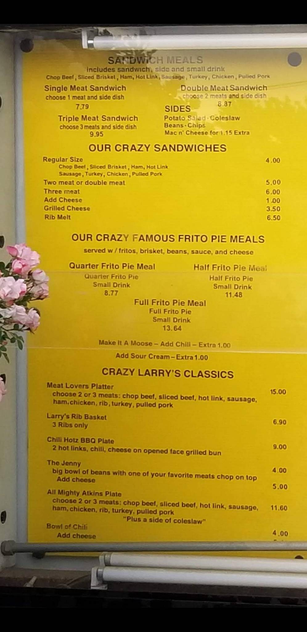 Menu at Crazy Larry's Barbecue, Amarillo