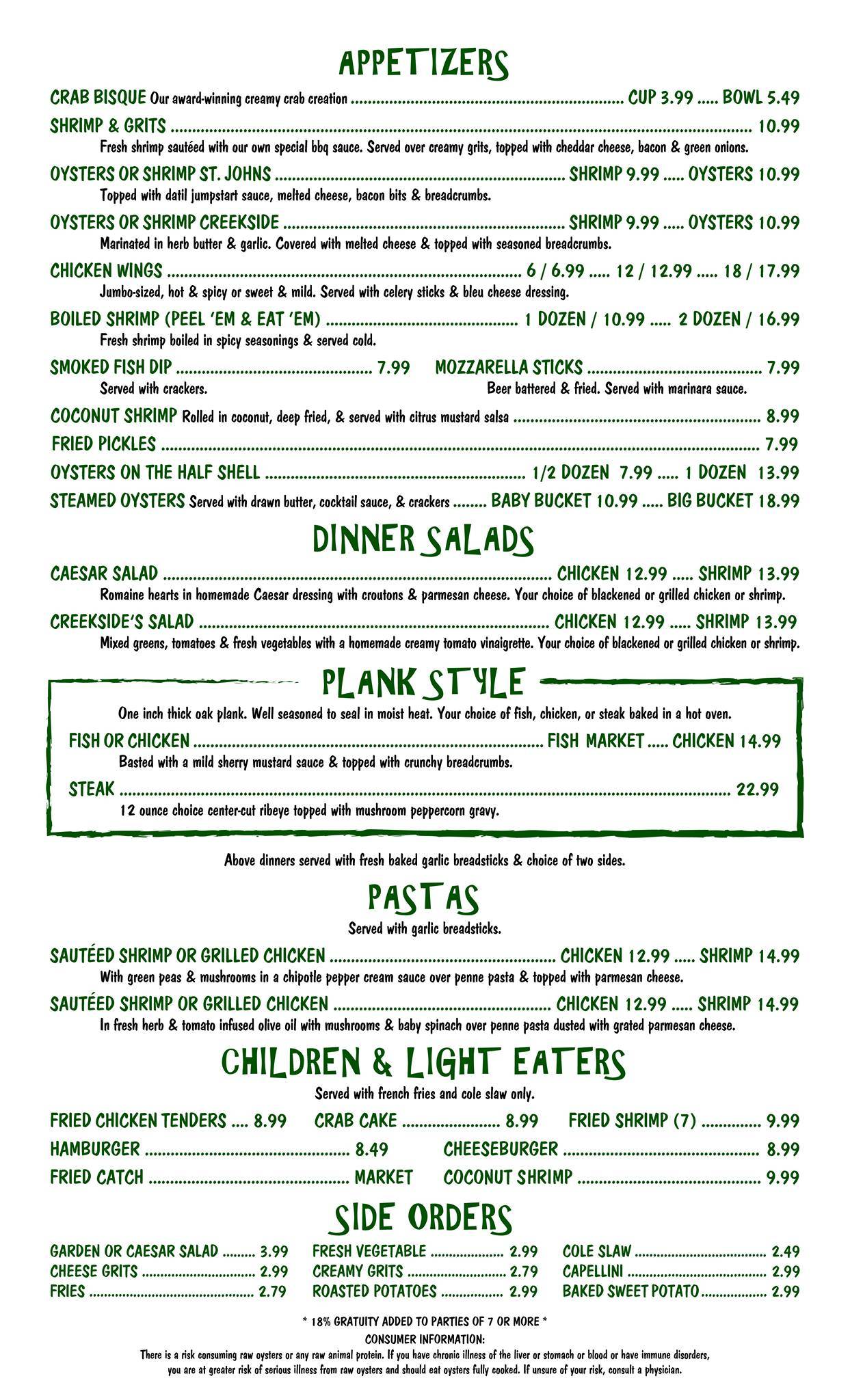 Menu at Creekside Dinery restaurant, St. Augustine