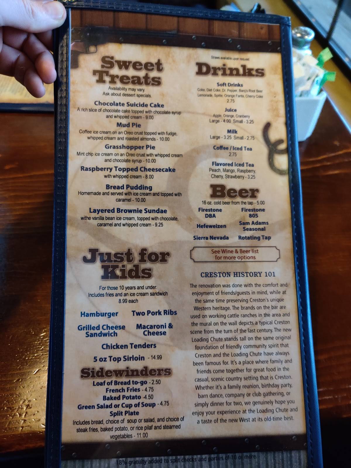 Menu at Loading Chute Restaurant and Barn, Creston