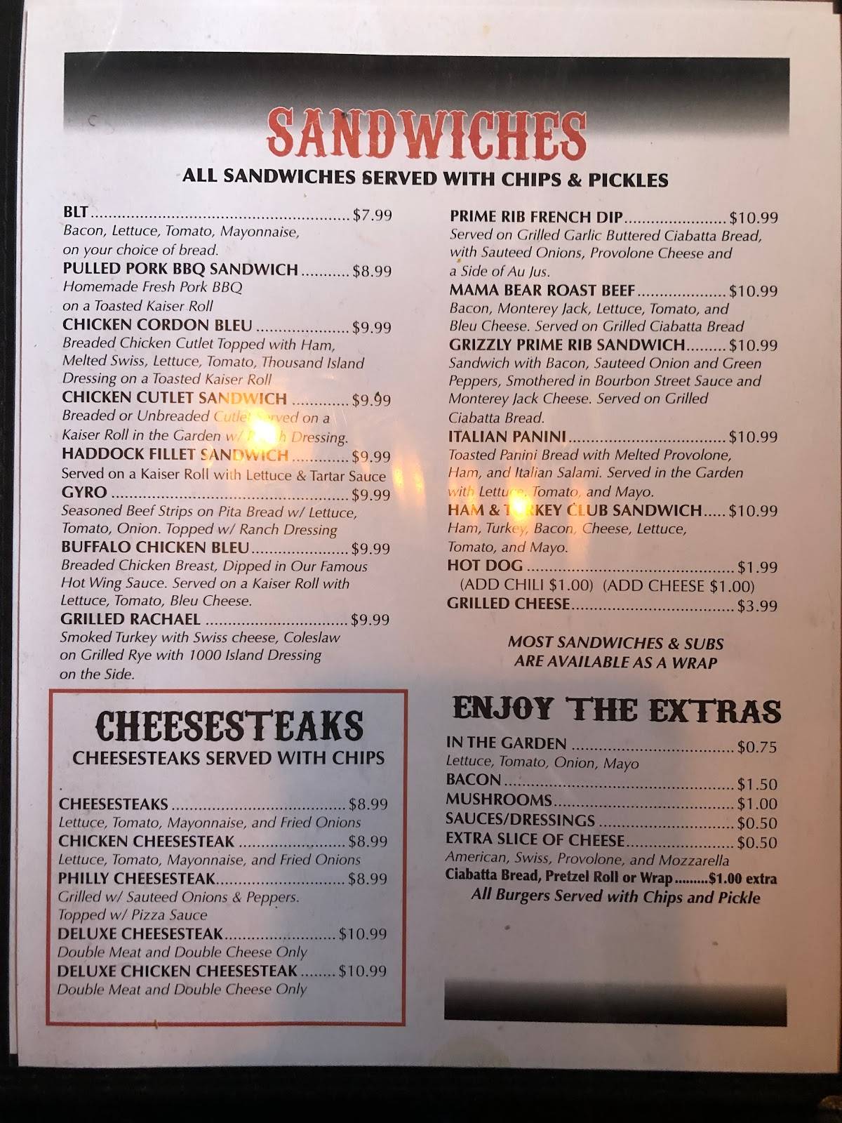 Menu at Crippled Bear Inn pub & bar, Williamsport, Lycoming Creek Rd