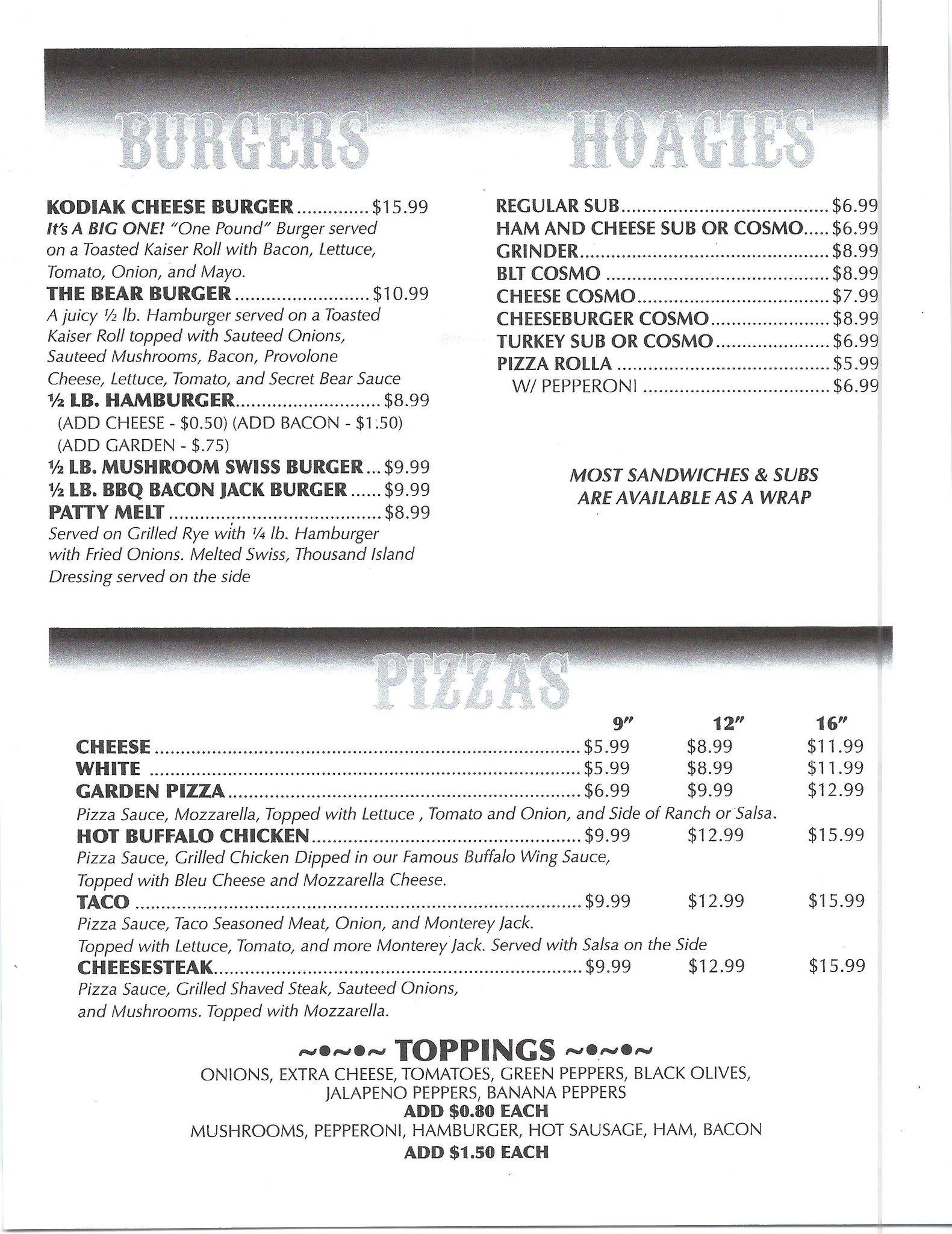 Menu at Crippled Bear Inn pub & bar, Williamsport, Lycoming Creek Rd