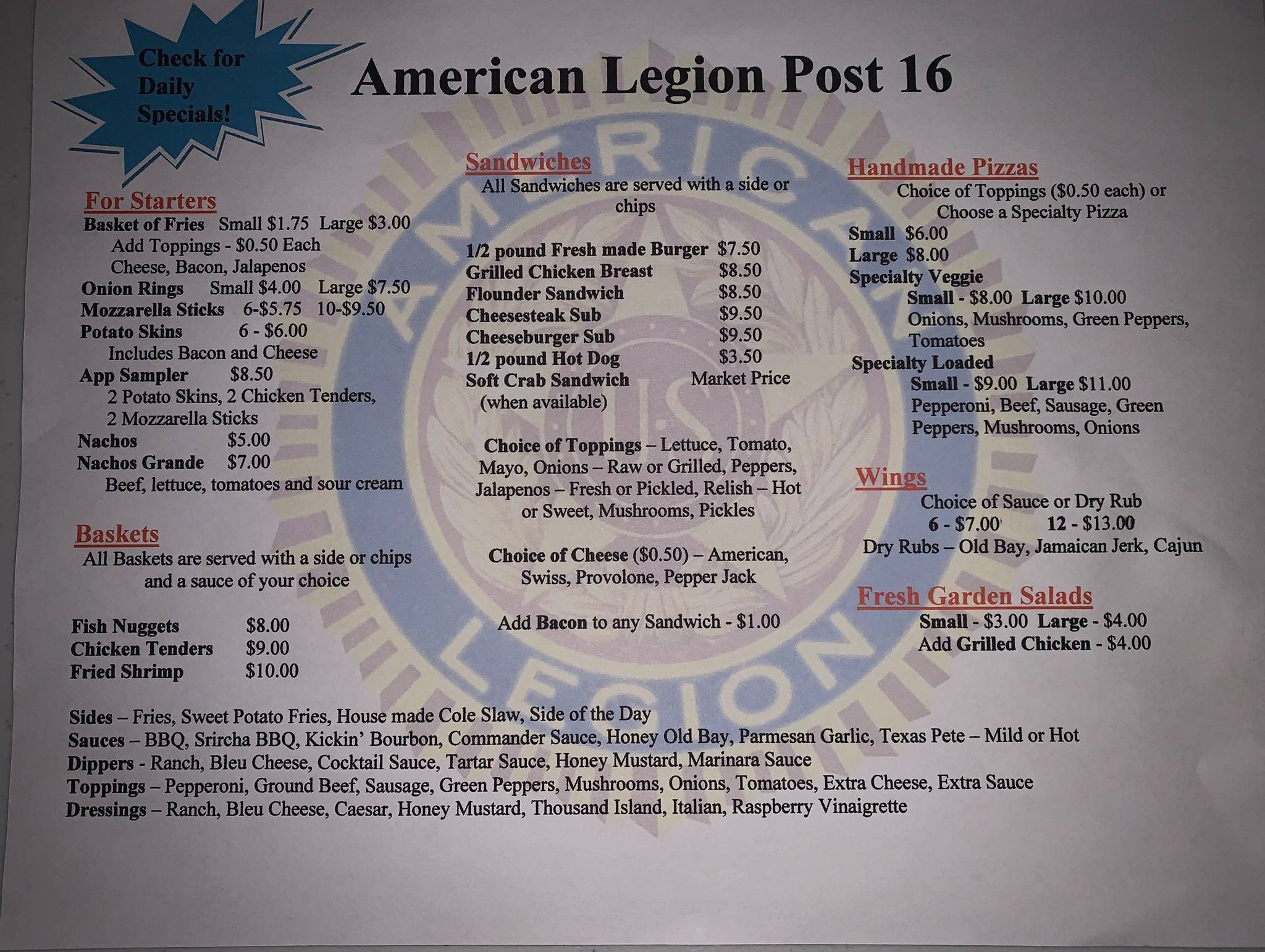 Menu at Crisfield American Legion #16 pub & bar, Crisfield