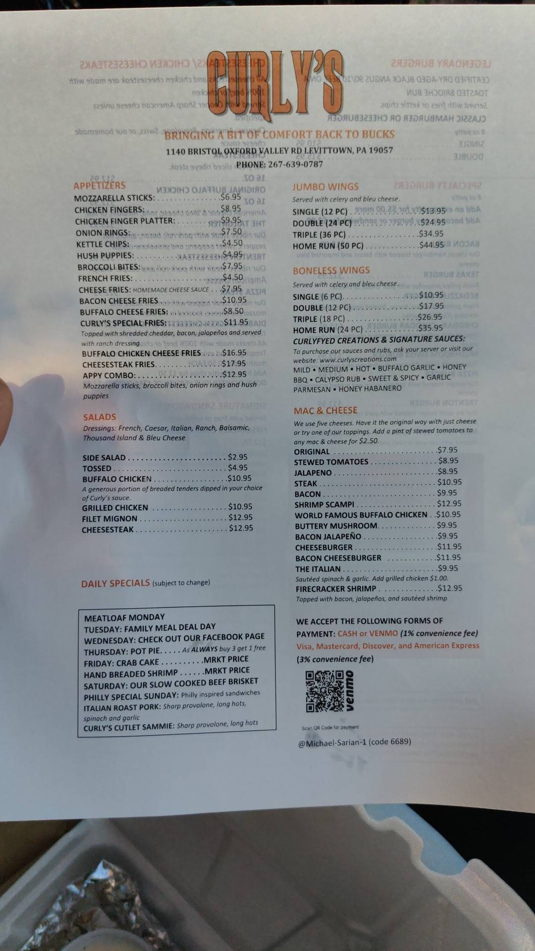 Menu at Curly’s Comfort Foods restaurant, Levittown