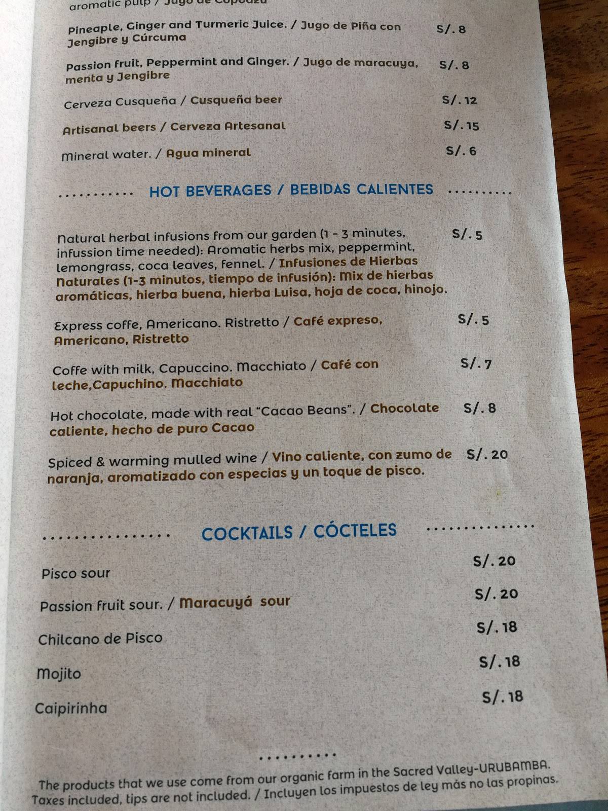 Menu at Yaku Restaurant, Cusco