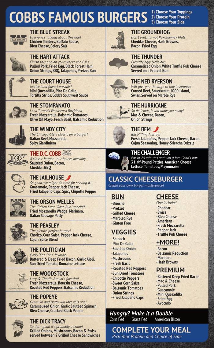 Menu at D.C. Cobb's pub & bar, McHenry